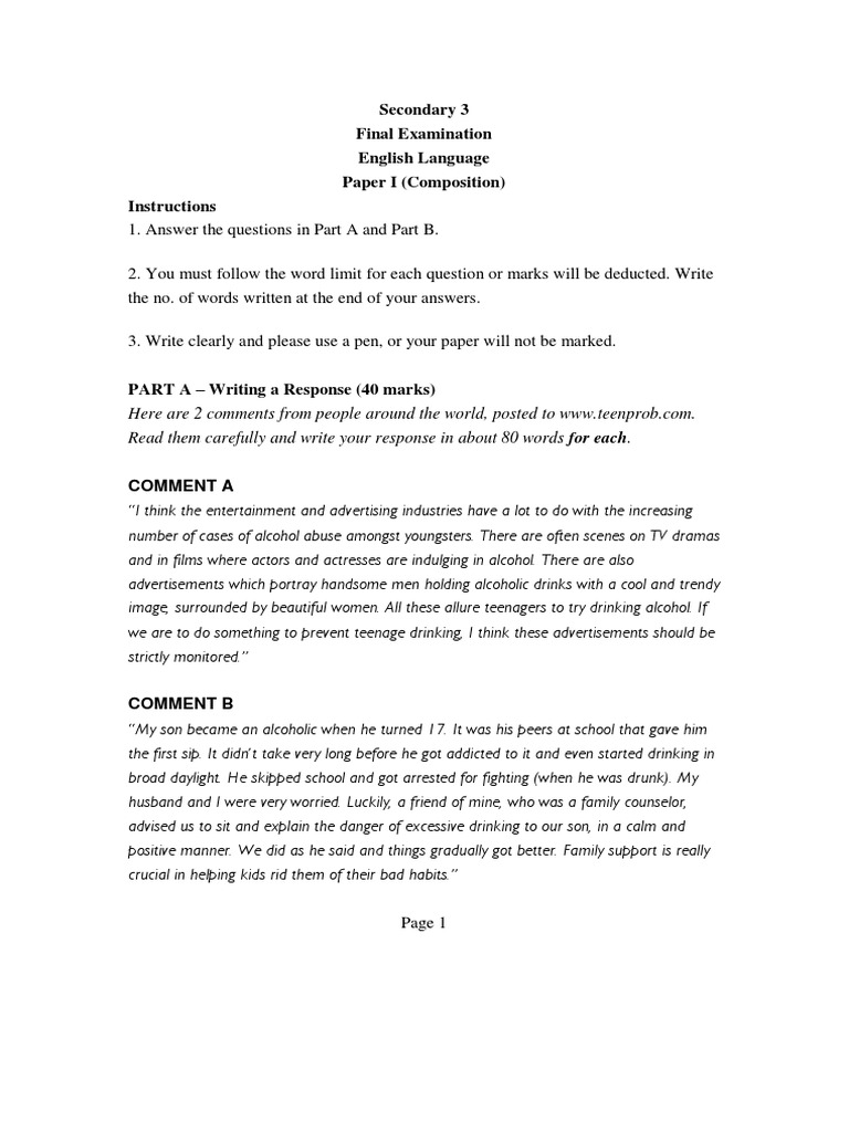 Secondary 3 Final Examination English Language Paper I (Composition ...