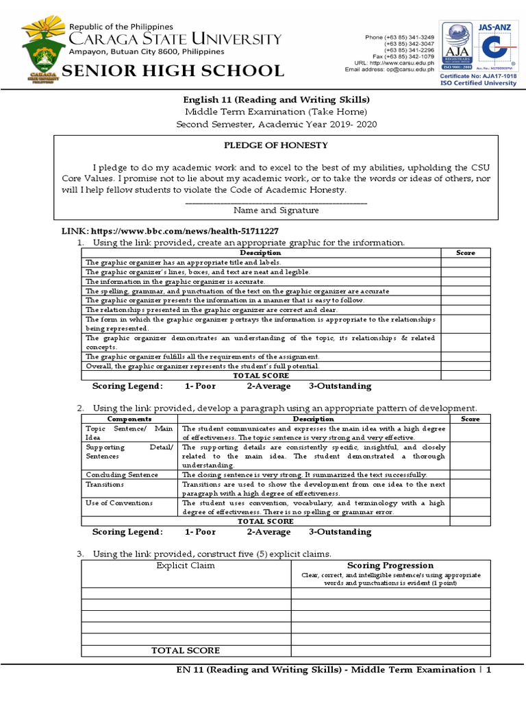 Senior High School: English 11 (Reading and Writing Skills) | PDF ...