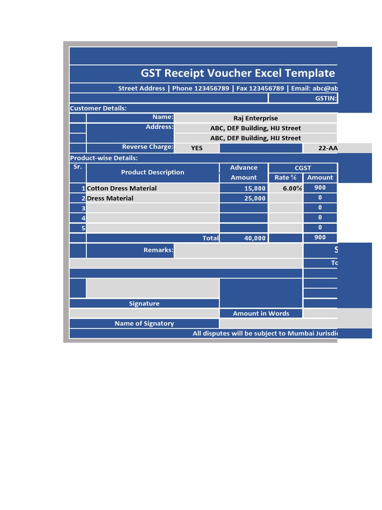 GST Receipt Voucher Excel Template | PDF | Payments | Taxation