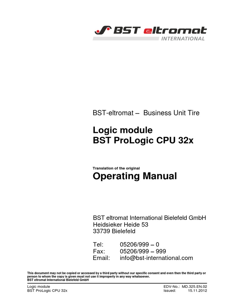 Operating Manual: Logic Module BST Prologic Cpu 32X | PDF | Electrostatic Discharge | Digital ...