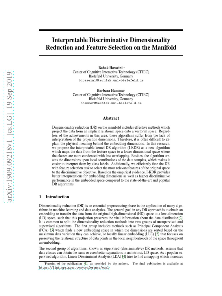 Interpretable Discriminative Dimensionality Reduction and Feature Selection On The Manifold ...