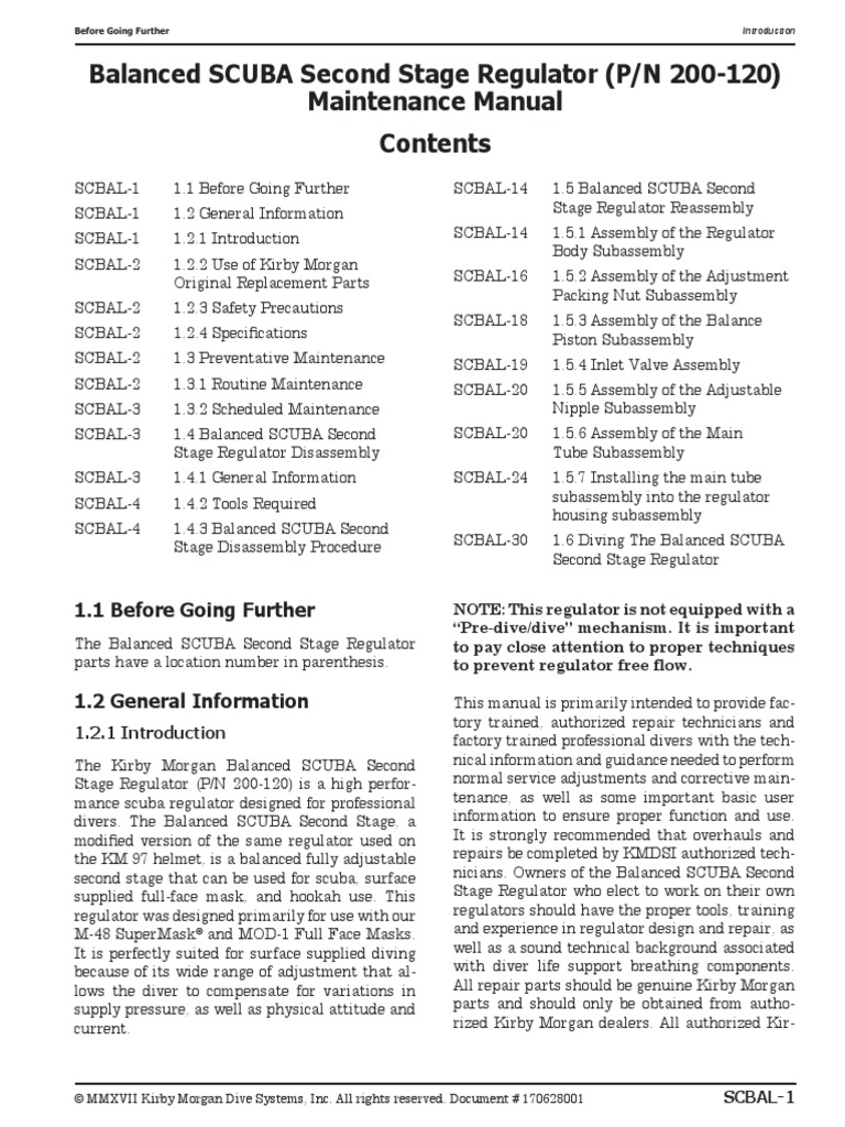 Balanced SCUBA Second Stage Regulator (P/N 200-120) Maintenance Manual ...
