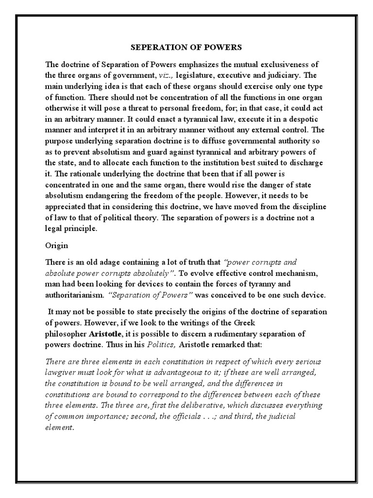 SEPARATION OF POWERS EXPLAINED | PDF | Separation Of Powers ...