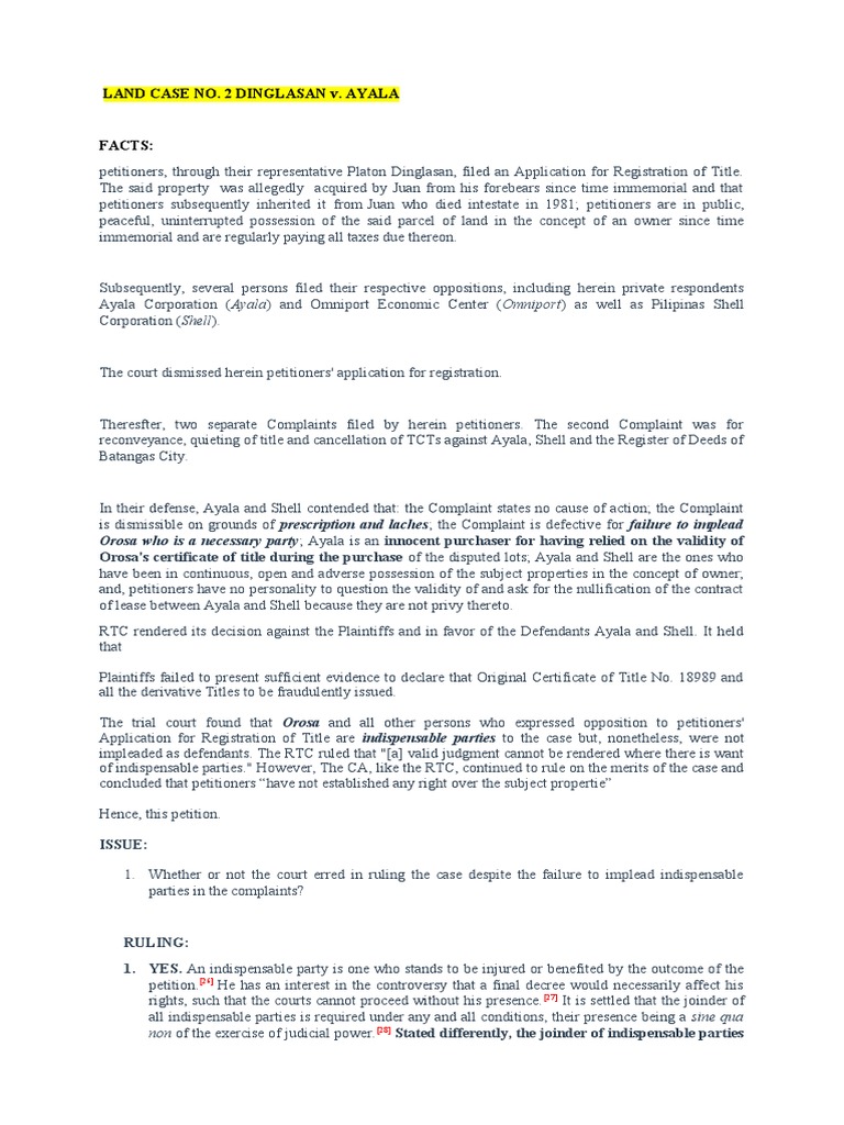 Land Case No. 2 Dinglasan V. Ayala | PDF | Complaint | Legal Procedure