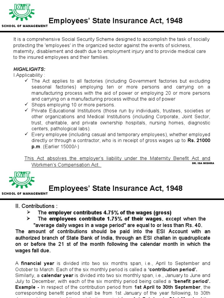 Employees' State Insurance Act, 1948: Highlights | PDF | Pension ...