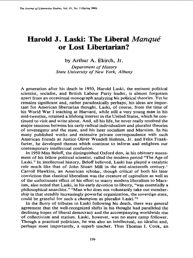 Harold J. Laski: The Liberal Manque' or Lost Libertarian?: Arthur A ...