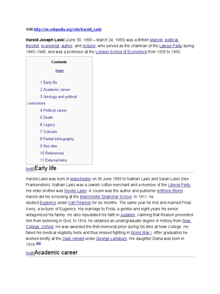 Early Life: Harold Joseph Laski (June 30, 1893 - March 24, 1950) Was A ...