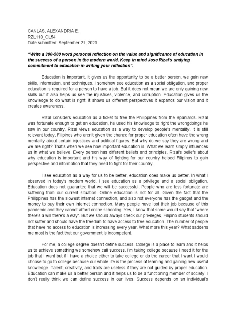 RIZAL - Education Essay | PDF | Knowledge | Cognition