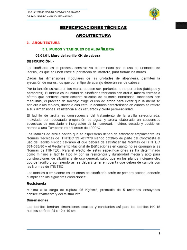 Especificaciones Tecnicas Arquitectura | PDF | Ladrillo | Hormigón