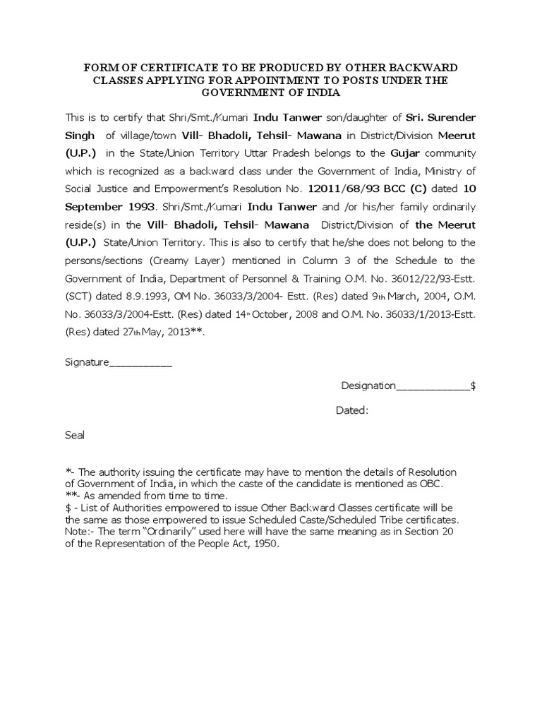 Form of Certificate To Be Produced by Other Backward Classes Applying ...