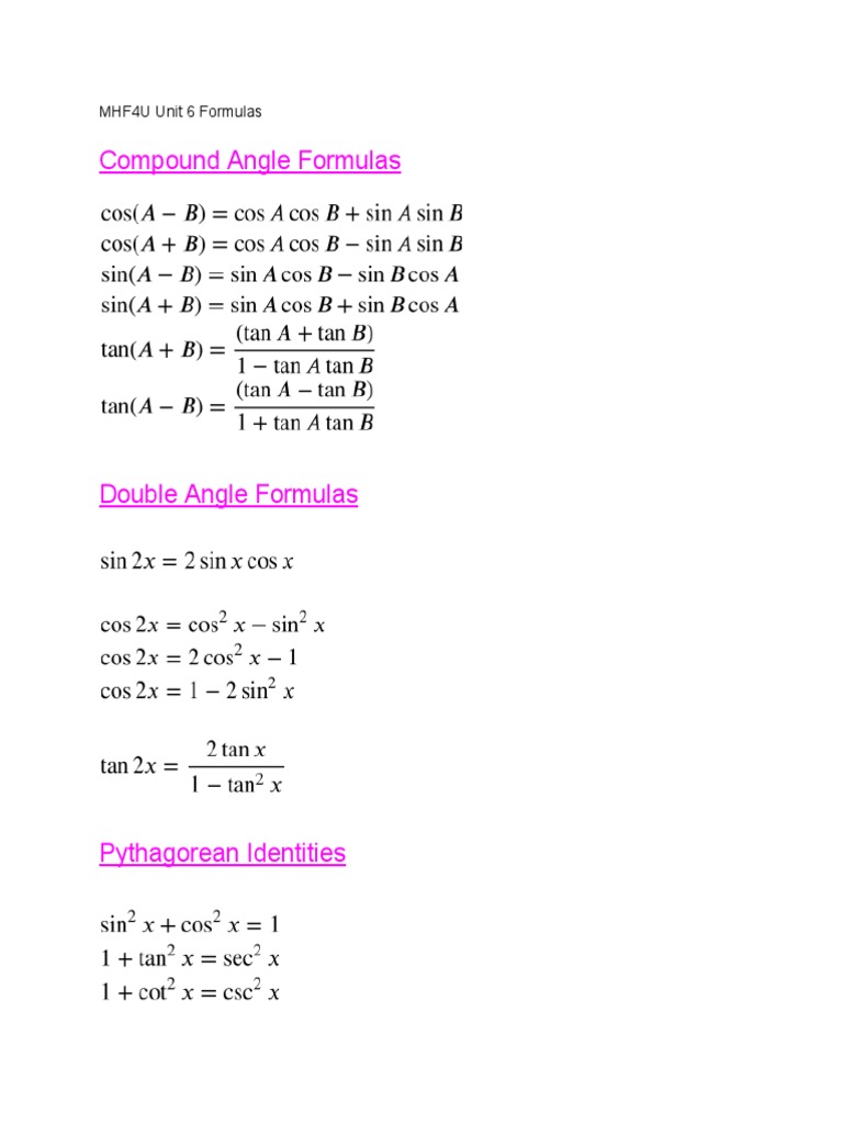 Compound Angle Formulas: MHF4U Unit 6 Formulas | PDF