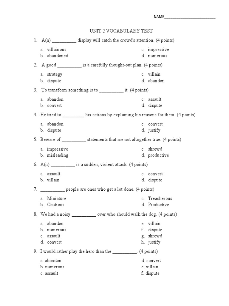 Unit 2 Vocabulary Test | PDF | Violence