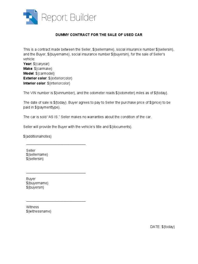 Dummy Contract For The Sale of Used Car | PDF