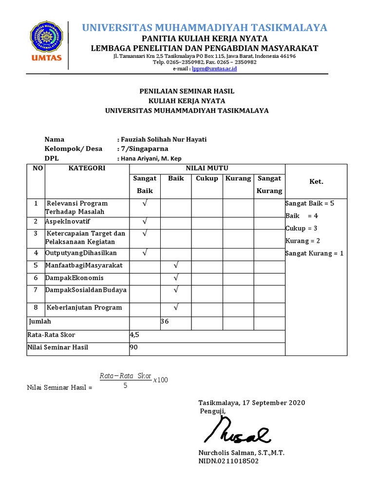 Penilaian Seminar Hasil KKN Kelompok 7 | PDF