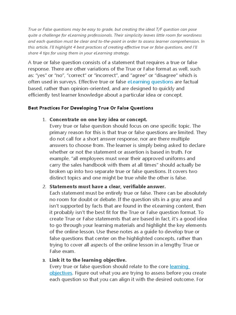 Elearning Questions: Best Practices For Developing True or False ...