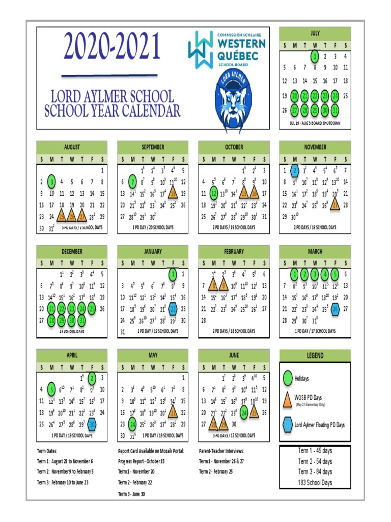 Lord Aylmer School Year Calendar 2020-2021 | PDF