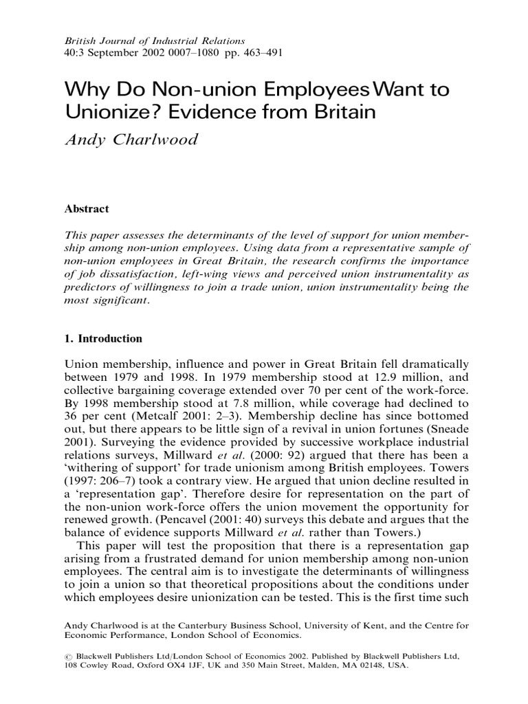 Why Do Non-Union Employees Want To Unionize? Evidence From Britain ...