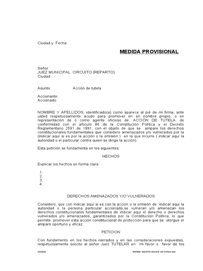 Modelo Accion de Tutela Con Medida Provisional | PDF | Derecho ...