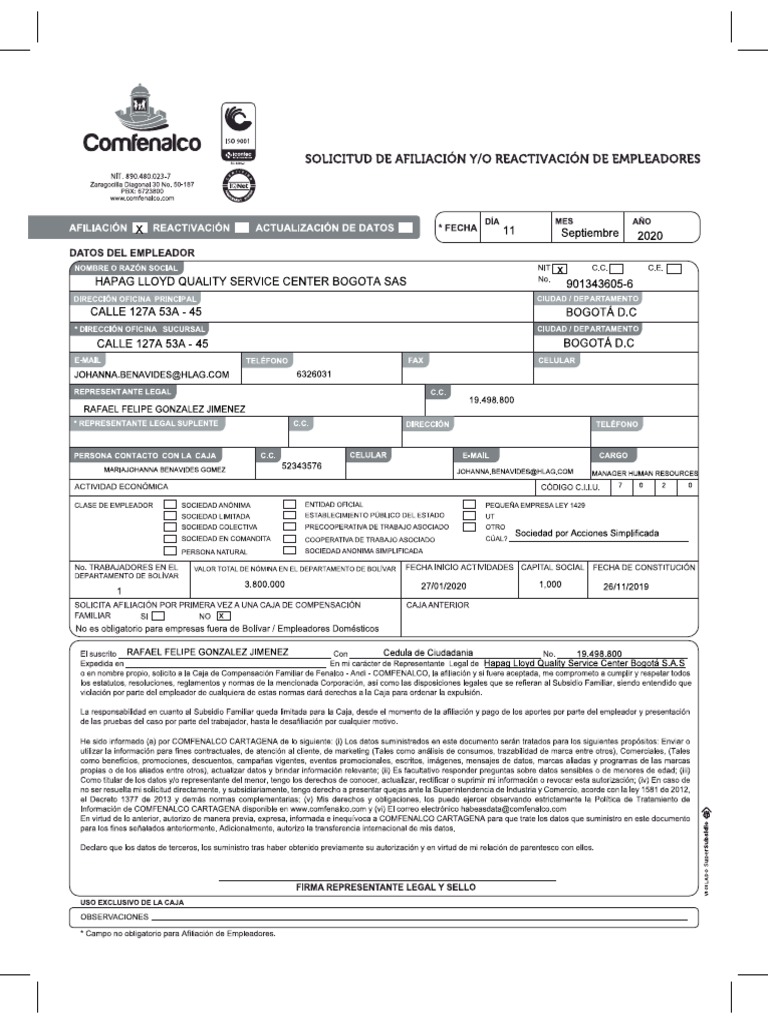 Formulario Afiliacion Empleadores - Comfenalco Cartagena PDF | PDF