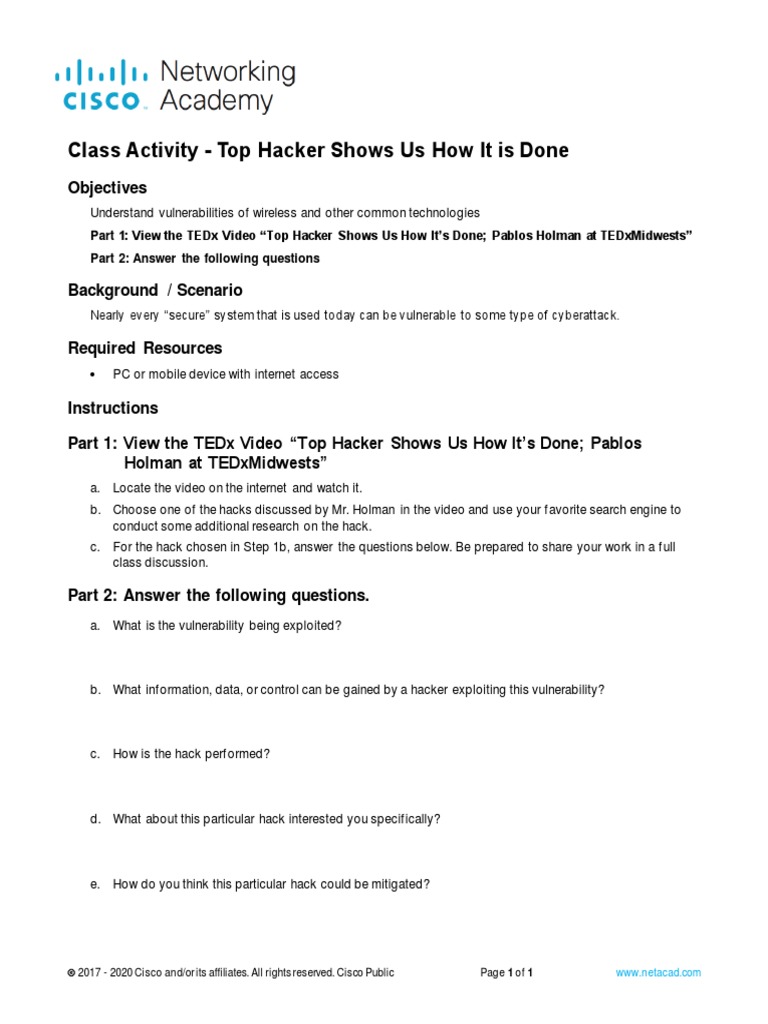 Class Activity - Top Hacker Shows Us How It Is Done: Objectives | PDF