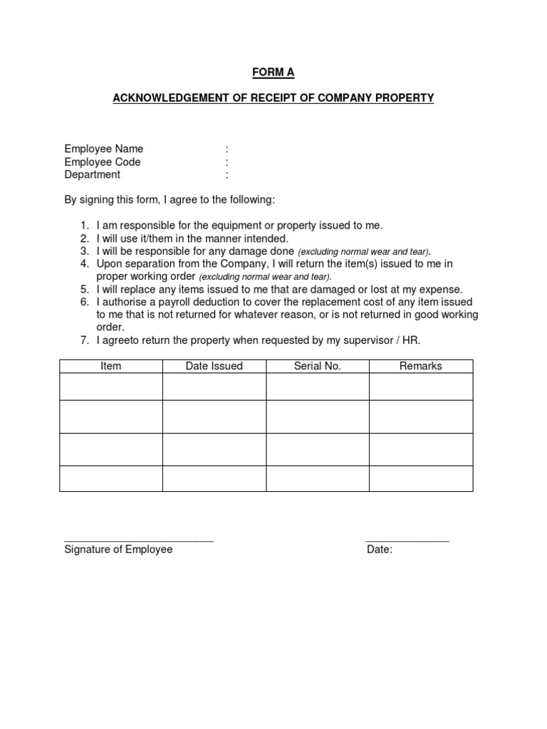 Form A Acknowledgement of Receipt of Company Property: (Excluding ...