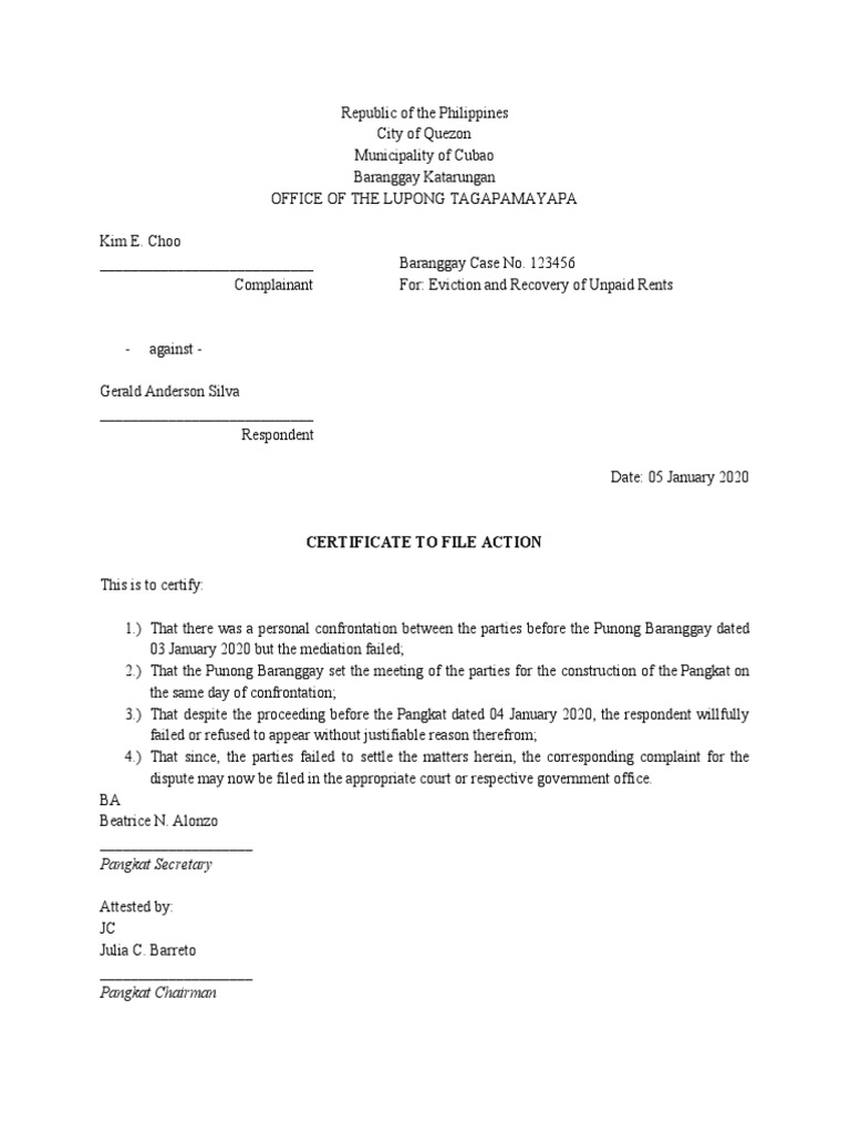 Eviction Case: Filing Certificate | PDF