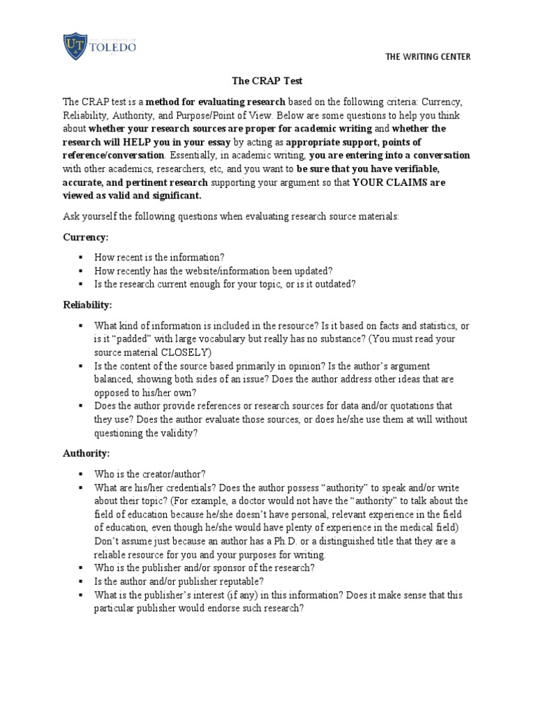 The CRAP Test: Evaluating Research Sources | PDF | Argument | Bias