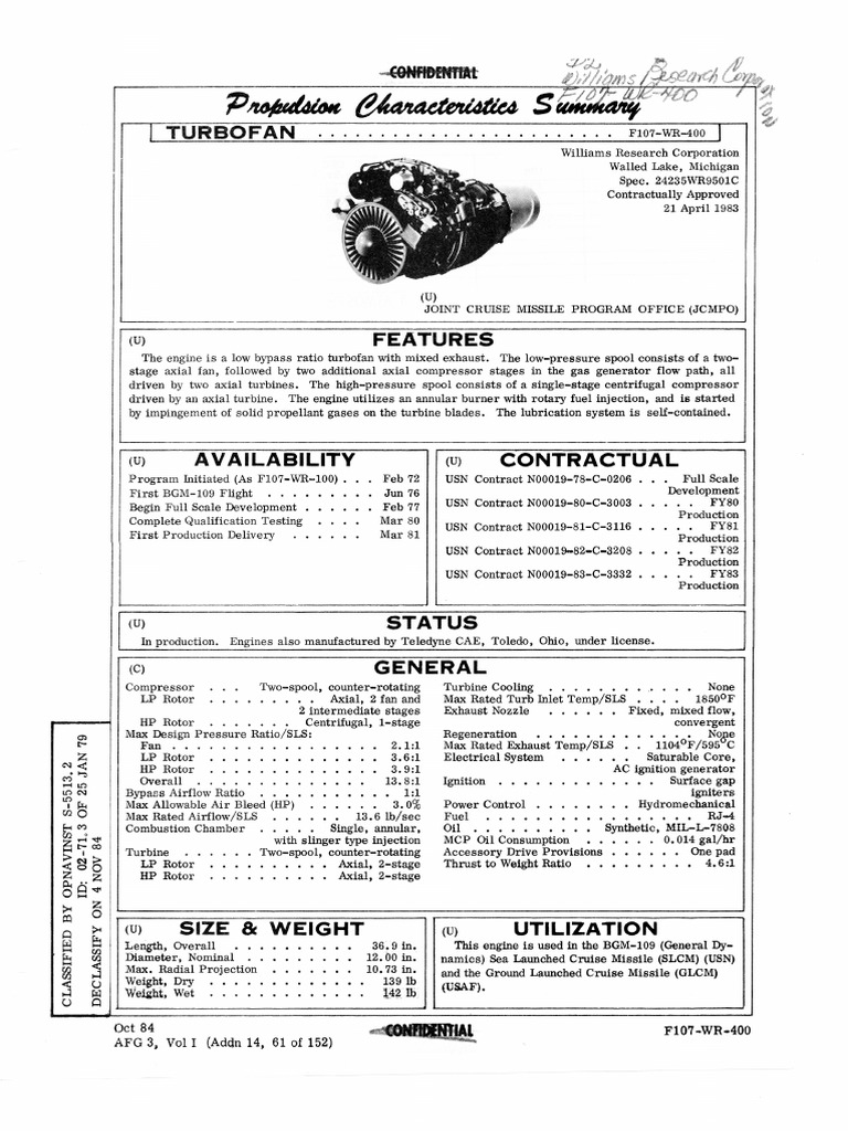 F107-WR-400 Turbofan PCS - October 1984 PDF | PDF