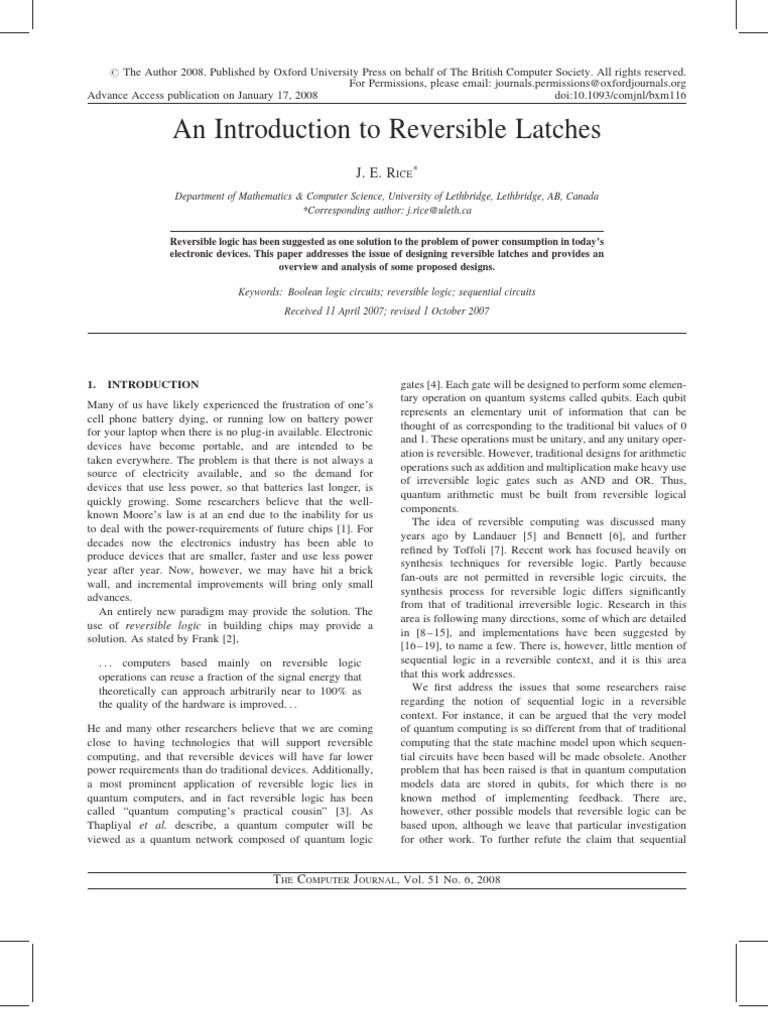 An Introduction to Reversible Logic Latches: Design Considerations and Analysis | PDF | Quantum ...