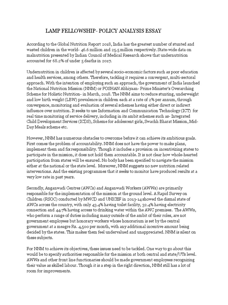 Lamp Fellowship-Policy Analysis Essay | PDF | Malnutrition | Public Health