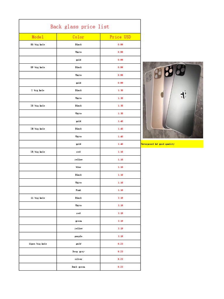 Back Glass Price List PDF | PDF
