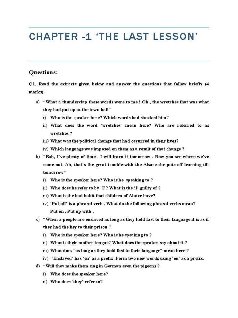 Chapter - 1 The Last Lesson': Questions | PDF | Linguistics | Cognitive ...