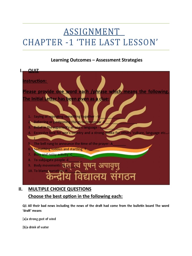 Assignment Chapter - 1 The Last Lesson' | PDF | Reading Comprehension ...
