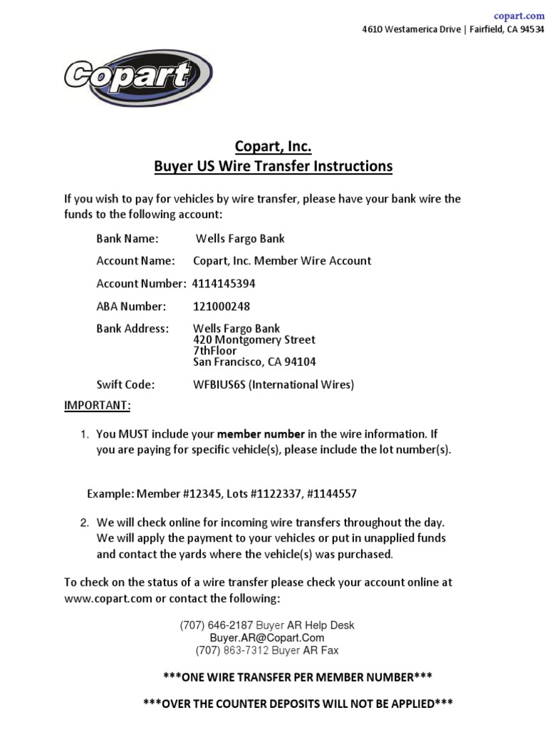 Copart Wire Intructions | PDF | Law