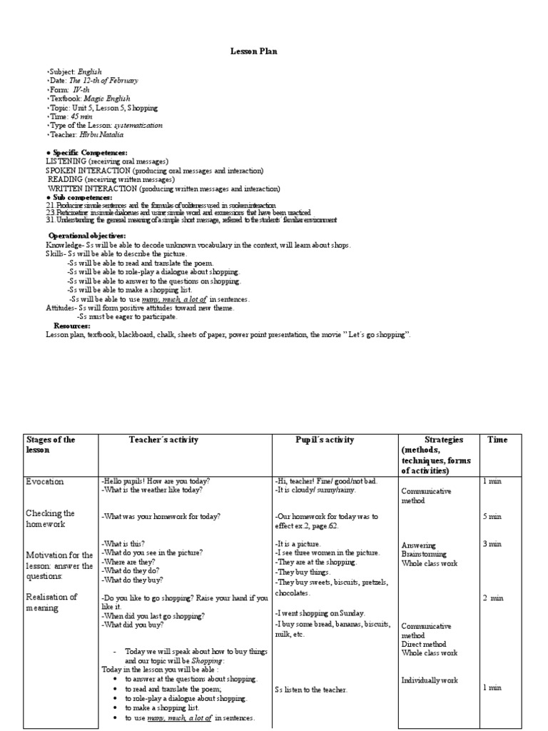 Lesson Plan: Specific Competences | PDF | Lesson Plan | Psychological ...