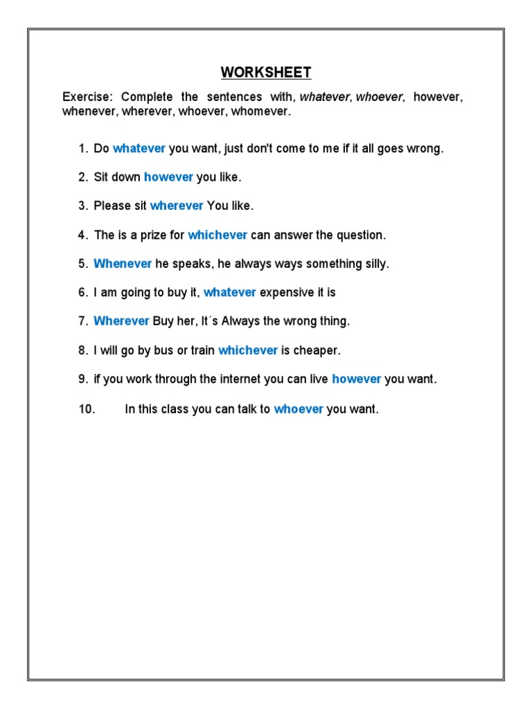 Exercises on Whatever, Whoever, Whichever | PDF