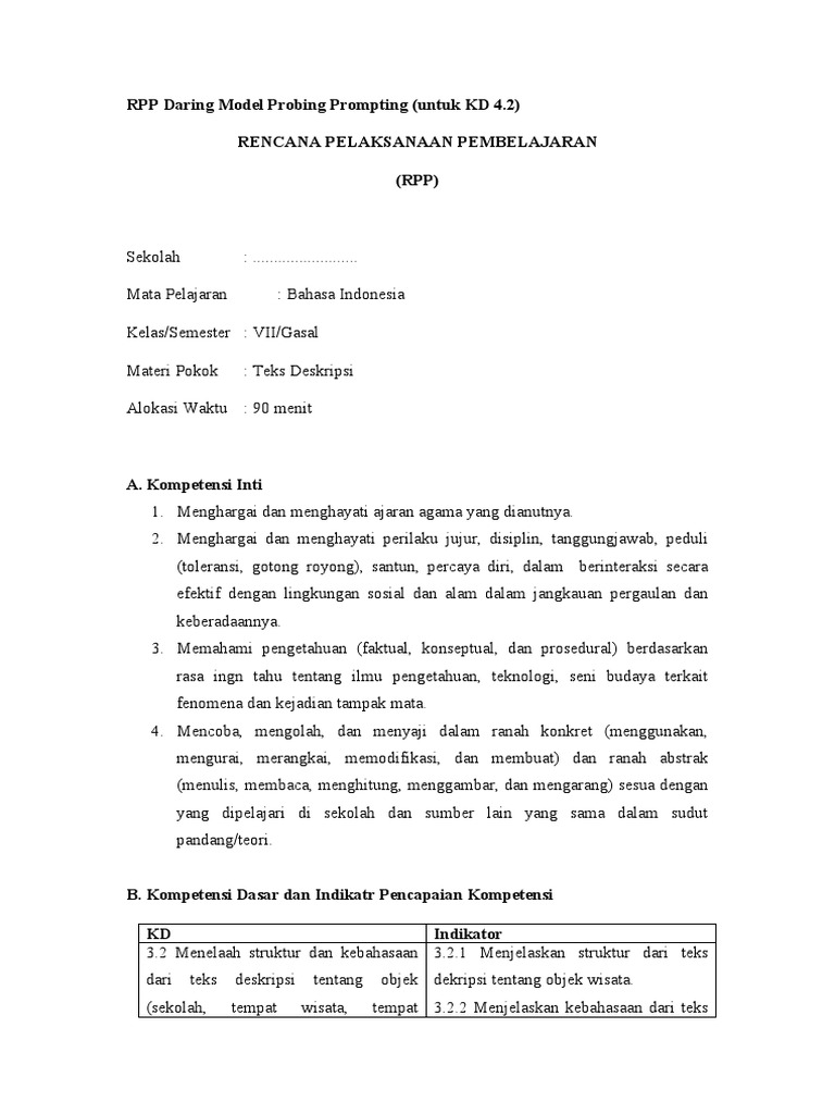 Contoh RPP Model Probing Prompting Daring (Hasil Pencermatan) | PDF