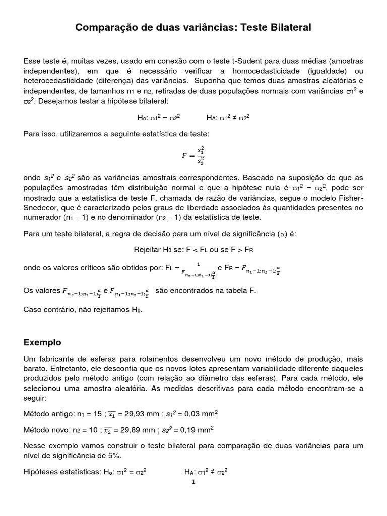 Teste F para Comparação de Duas Variâncias PDF | PDF | Significado ...