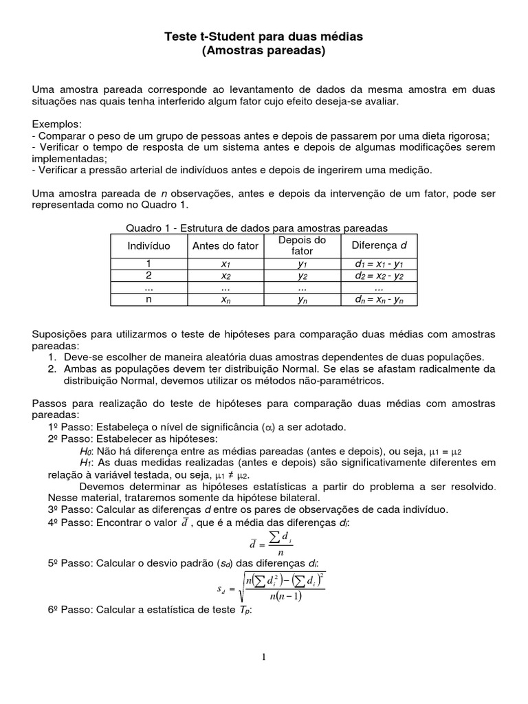 Teste T Pareado para Duas Médias PDF | PDF | Teste de hipótese ...