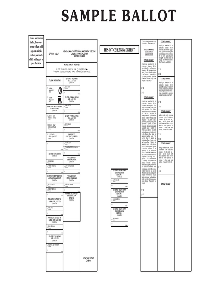Cullman County Sample Ballot Nov. 3 General Election | PDF | Alabama ...