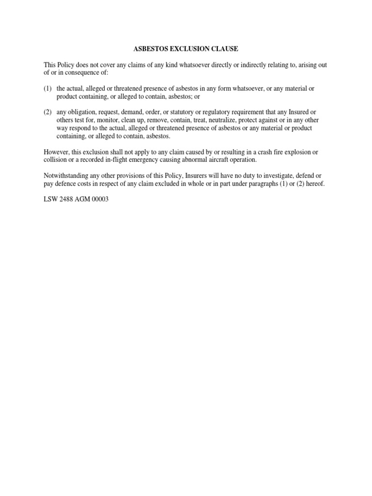 LSW2488 Asbestos Exclusion Clause ACE | PDF