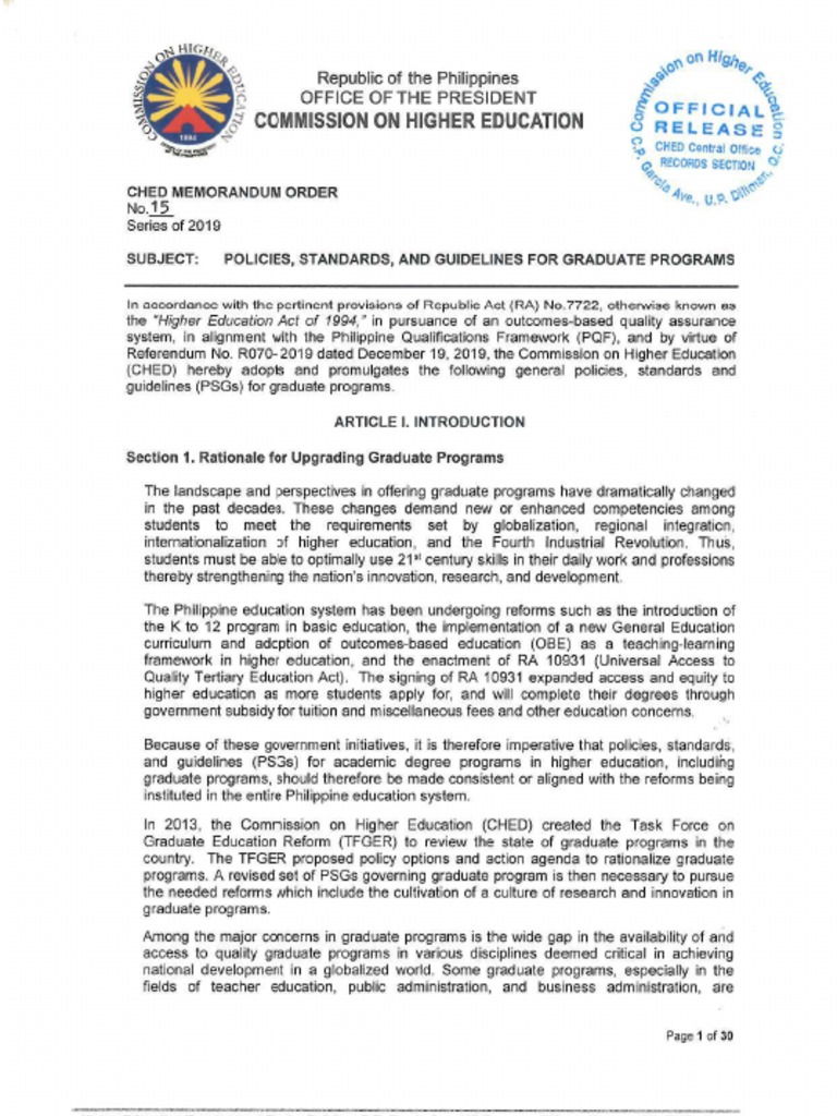 CMO No. 15 Series of 2019 - Policies Standards and Guidelines For Graduate Programs Updated PDF ...