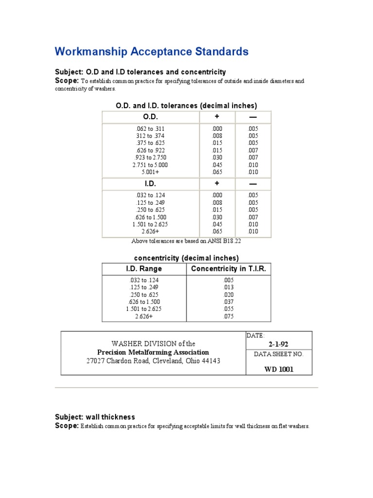 Workmanship Acceptance Standards: Washer Division of The 27027 Chardon ...
