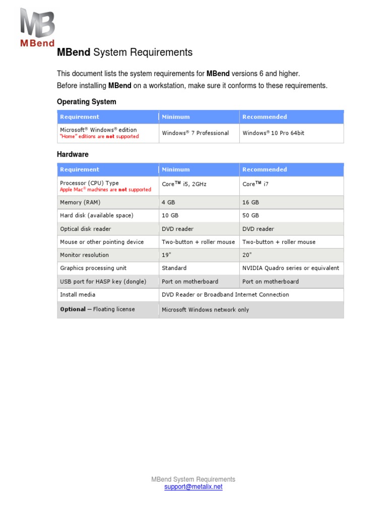 MBEND System Requirements | PDF