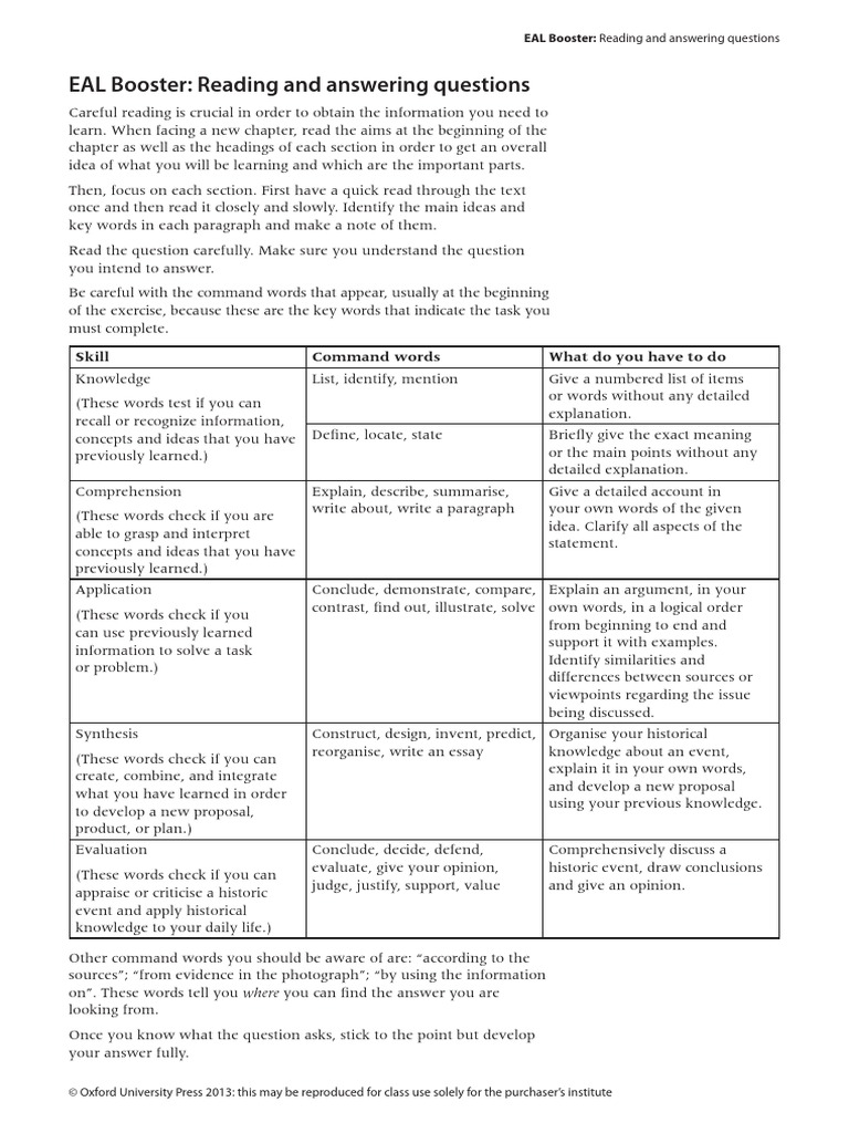 EAL Booster: Reading and Answering Questions: Skill Command Words What ...