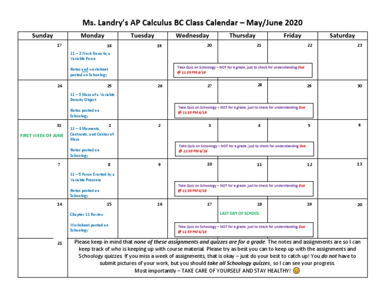 Ms. Landry's AP Calculus BC Class Calendar - May/June 2020: Sunday ...