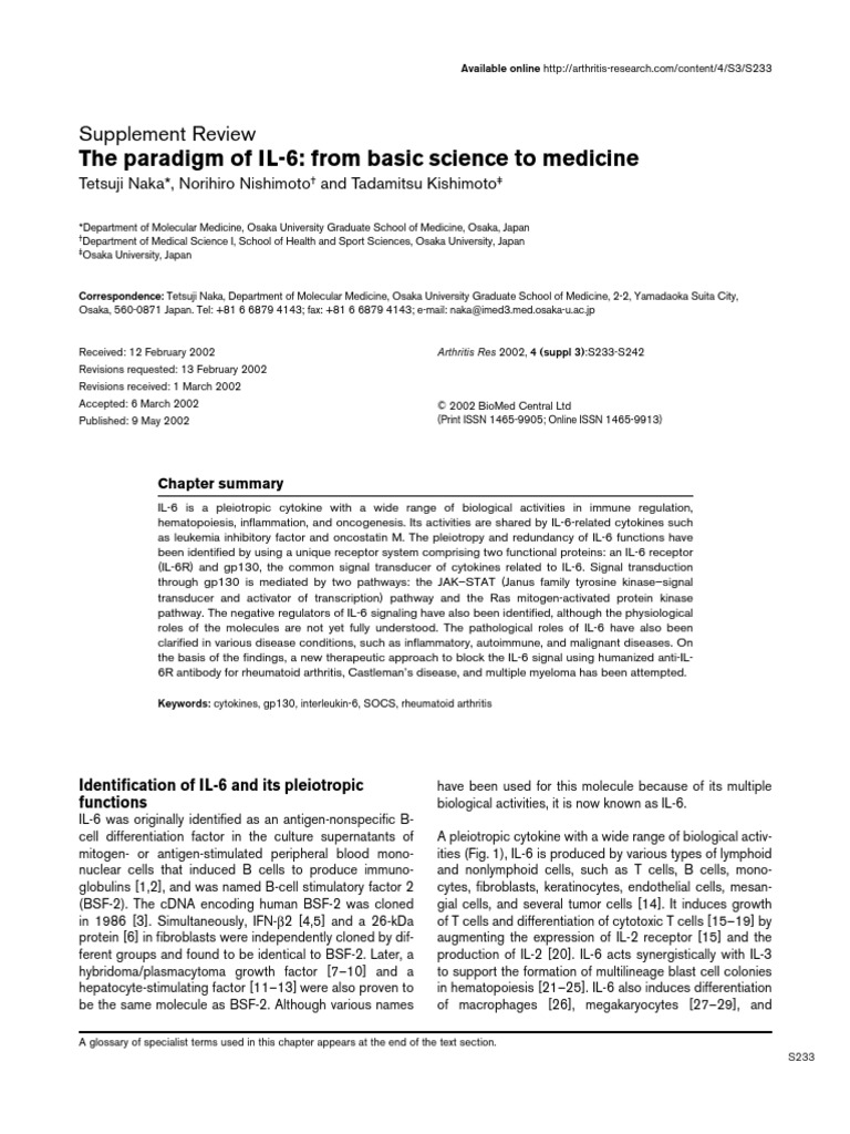 The Paradigm of IL-6: From Basic Science To Medicine: Supplement Review ...