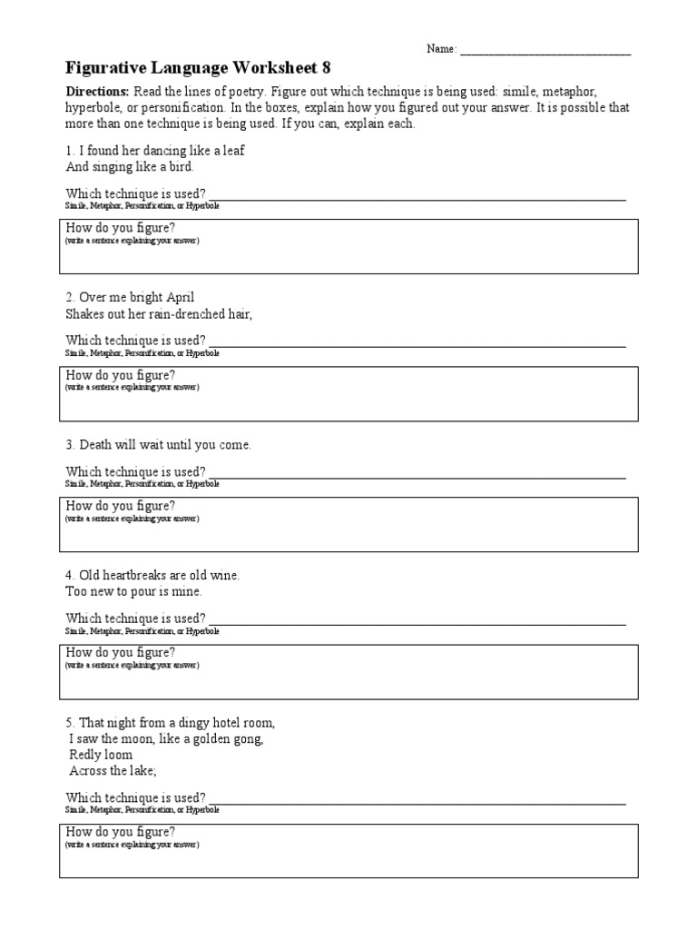 Figurative Language Worksheet PDF | PDF | Metaphor | Poetic Devices