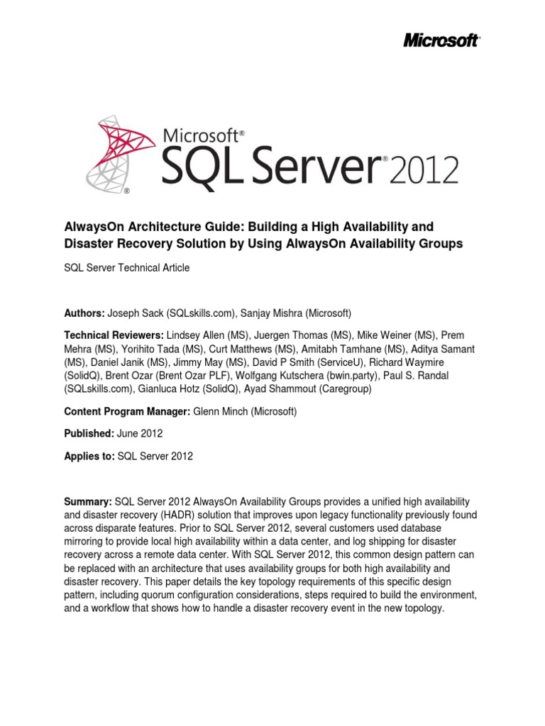 Alwayson Architecture Guide: Building A High Availability and Disaster ...