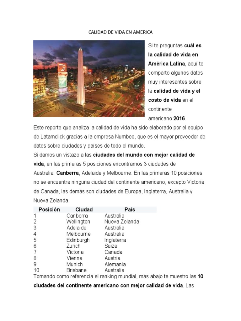 Calidad de Vida en America | PDF | America latina | Américas